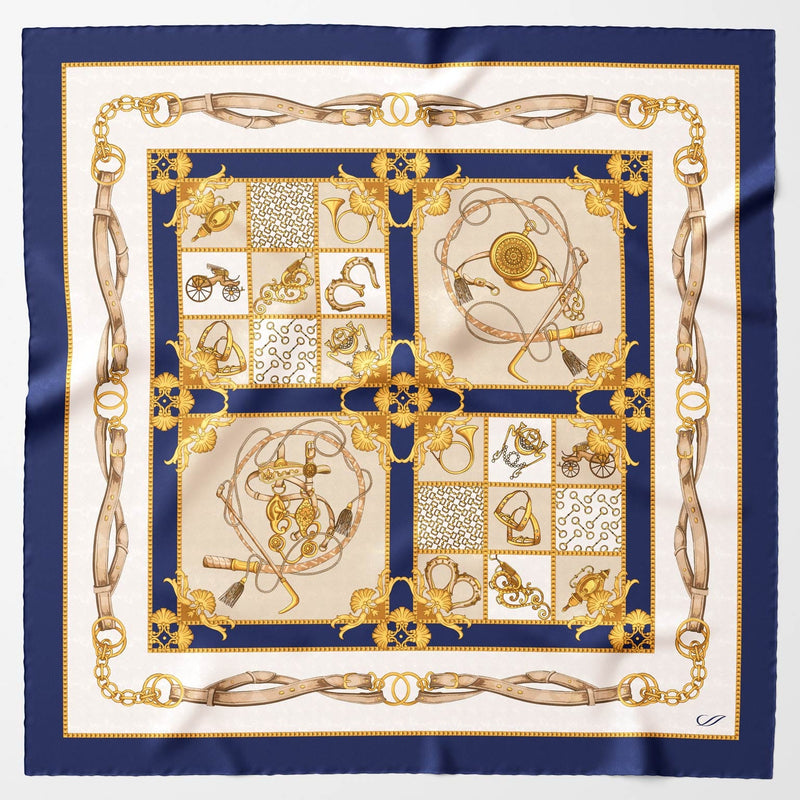 Navy Equestrian Print Italian Silk Scarf - Elizabetta