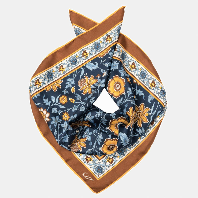 Navy Blue Floral Italian Silk Neckerchief - Elizabetta