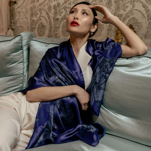 Indigo Blue Floral Silk Evening Shawl