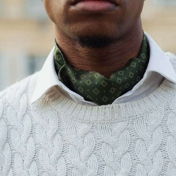 Olive Green Italian Silk Ascot Tie Day Cravat
