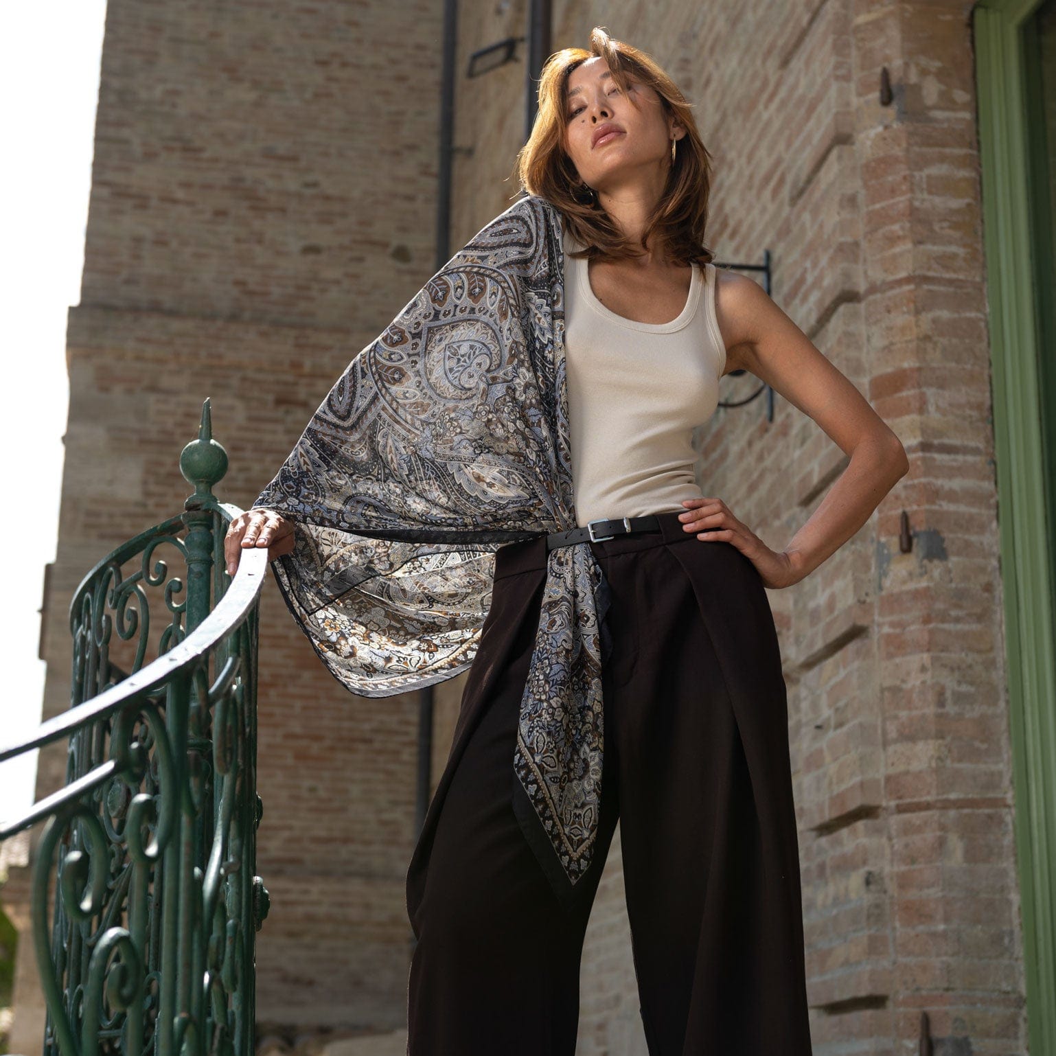 Extra Large Brown and Blue Silk Square Scarf