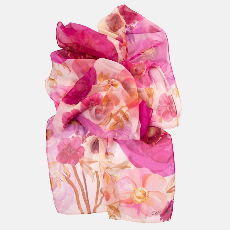 Long Silk Scarf - Pink Floral Print Sheer Georgette