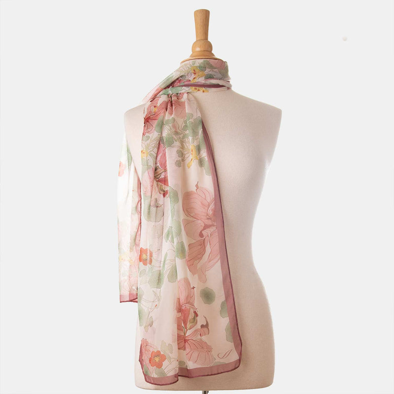 Antique Rose Sheer Silk Floral Long Scarf - Elizabetta