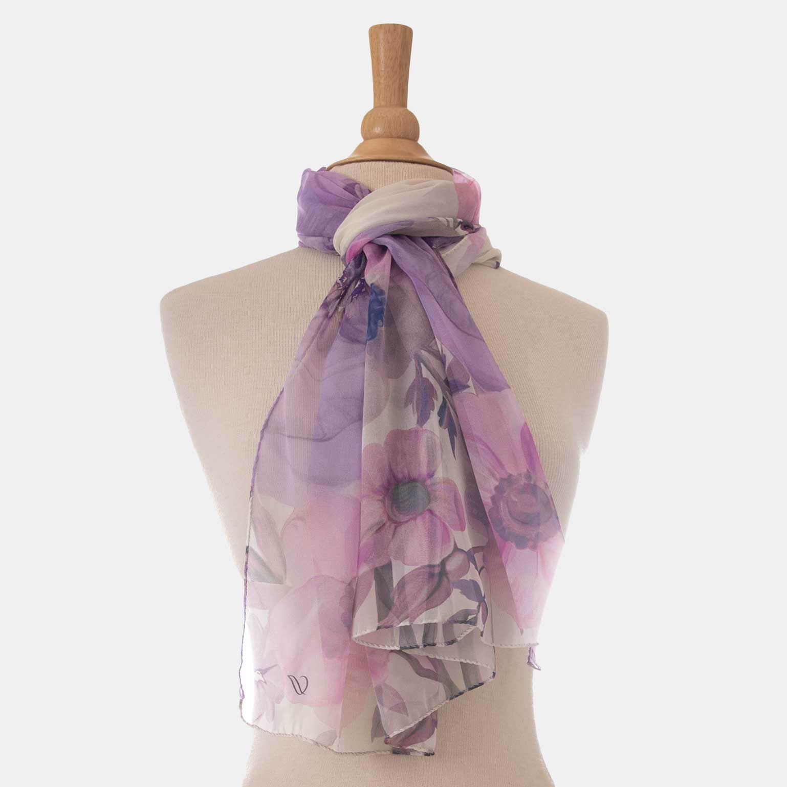 Italian Silk Georgette Scarf - Lavender Floral - Elizabetta