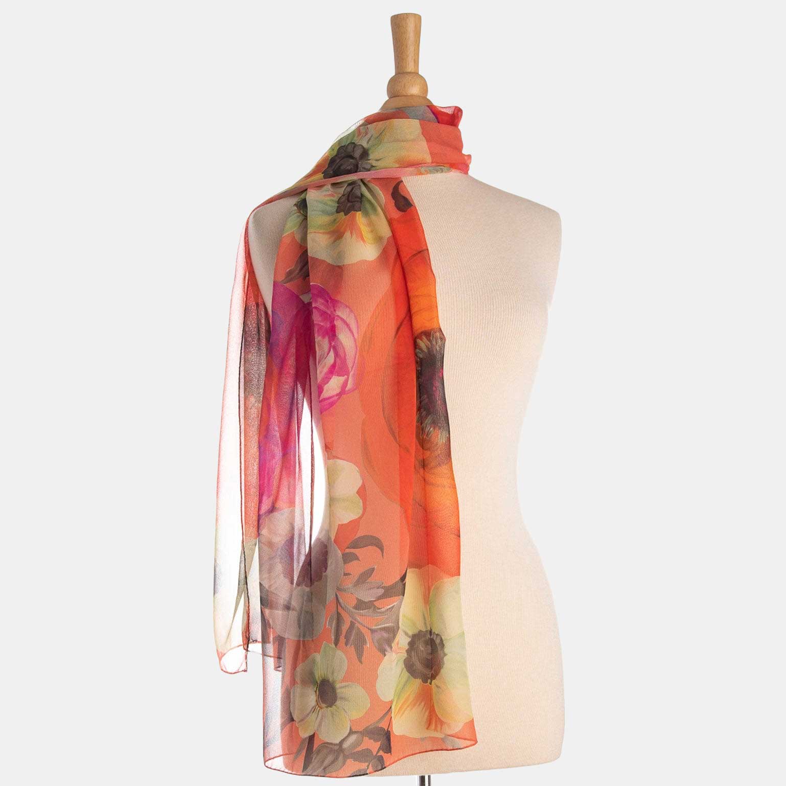 Womens Long Silk Scarf - Coral Floral Print